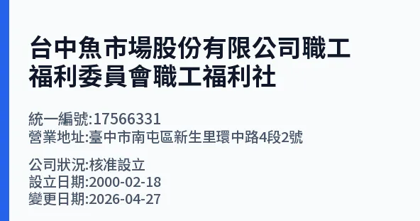 台中魚市場股份有限公司職工福利委員會職工福利社的照片-統編 17566331(臺中市) 公司登記資料與營業項目詳細圖表