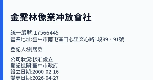 金霏林像業冲放會社的照片-統編 17566445(臺中市) 公司登記資料與營業項目詳細圖表