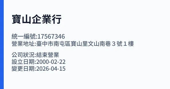 寶山企業行的照片-統編 17567346(臺中市) 公司登記資料與營業項目詳細圖表