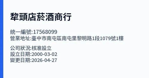 犂頭店菸酒商行的照片-統編 17568099(臺中市) 公司登記資料與營業項目詳細圖表
