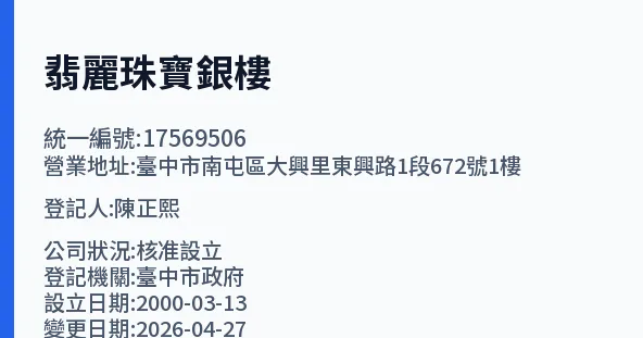 翡麗珠寶銀樓的照片-統編 17569506(臺中市) 公司登記資料與營業項目詳細圖表
