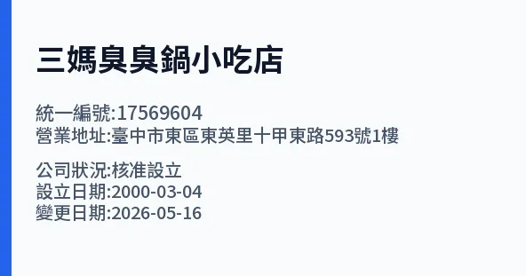 三媽臭臭鍋小吃店的照片-統編 17569604(臺中市) 公司登記資料與營業項目詳細圖表