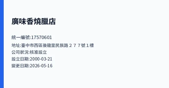 廣味香燒臘店的照片-統編 17570601(臺中市) 公司登記資料與營業項目詳細圖表