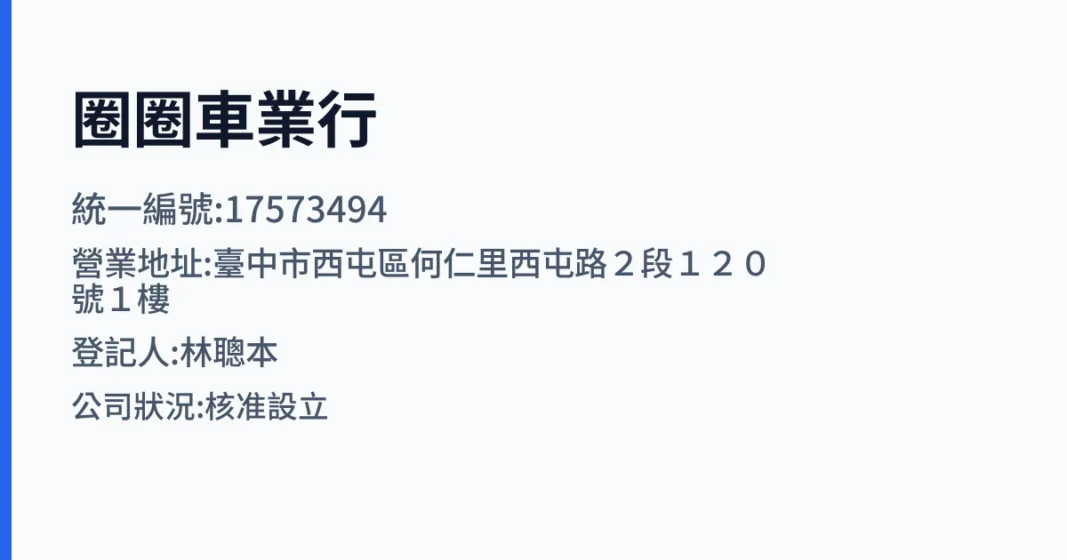 圈圈車業行 - 統編 17573494(臺中市) 公司登記資料與營業項目詳細圖表