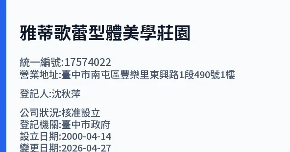 雅蒂歌蕾型體美學莊園的照片-統編 17574022(臺中市) 公司登記資料與營業項目詳細圖表