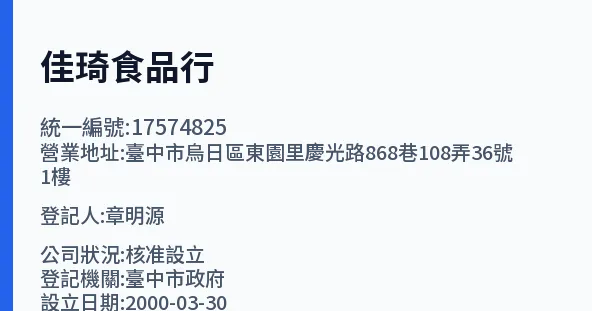 佳琦食品行的照片-統編 17574825(臺中市) 公司登記資料與營業項目詳細圖表