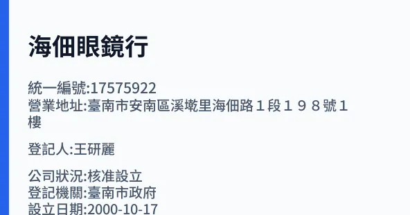海佃眼鏡行的照片-統編 17575922(臺南市) 公司登記資料與營業項目詳細圖表