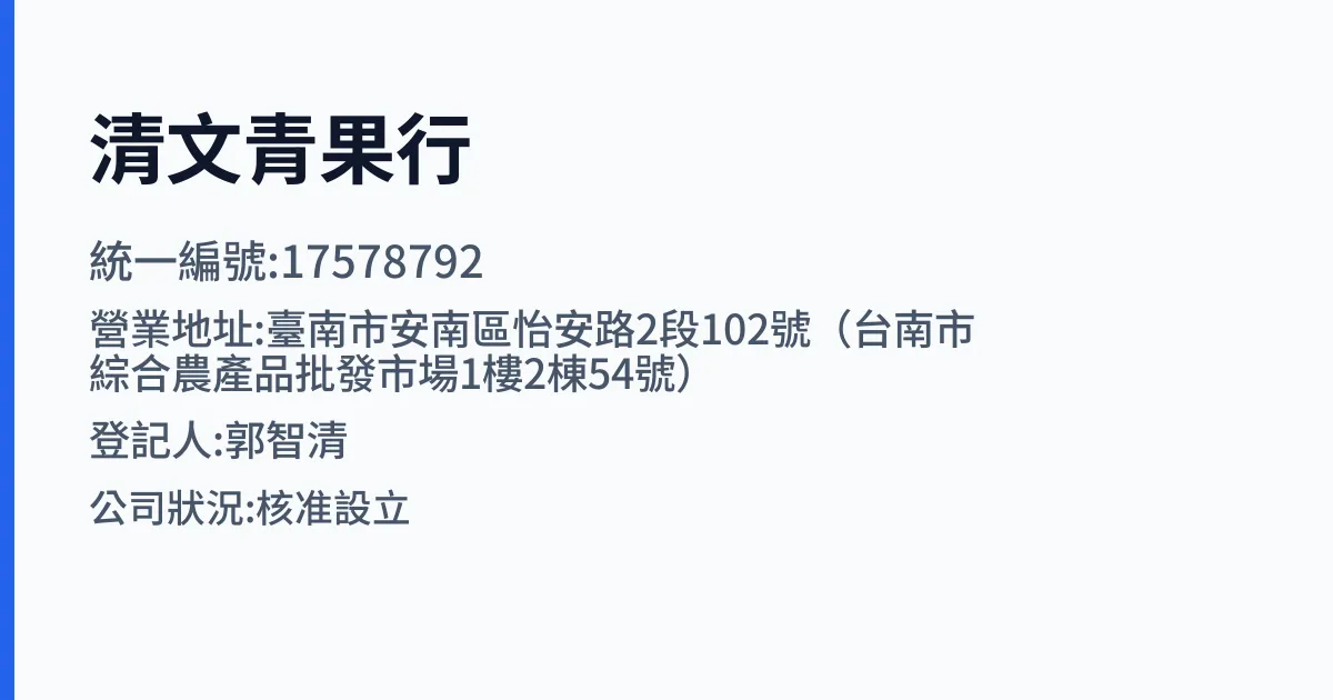 清文青果行 - 統編 17578792(臺南市) 公司登記資料與營業項目詳細圖表
