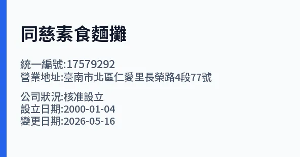 同慈素食麵攤的照片-統編 17579292(臺南市) 公司登記資料與營業項目詳細圖表