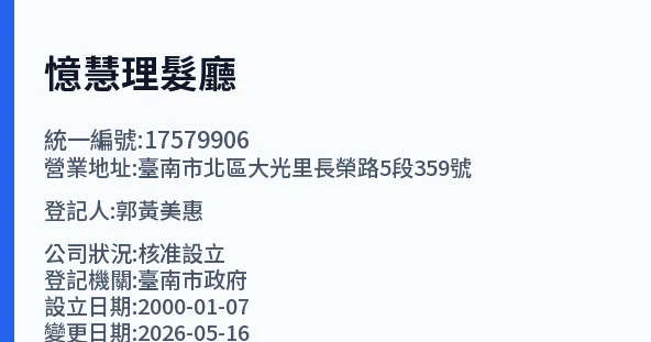 憶慧理髮廳的照片-統編 17579906(臺南市) 公司登記資料與營業項目詳細圖表