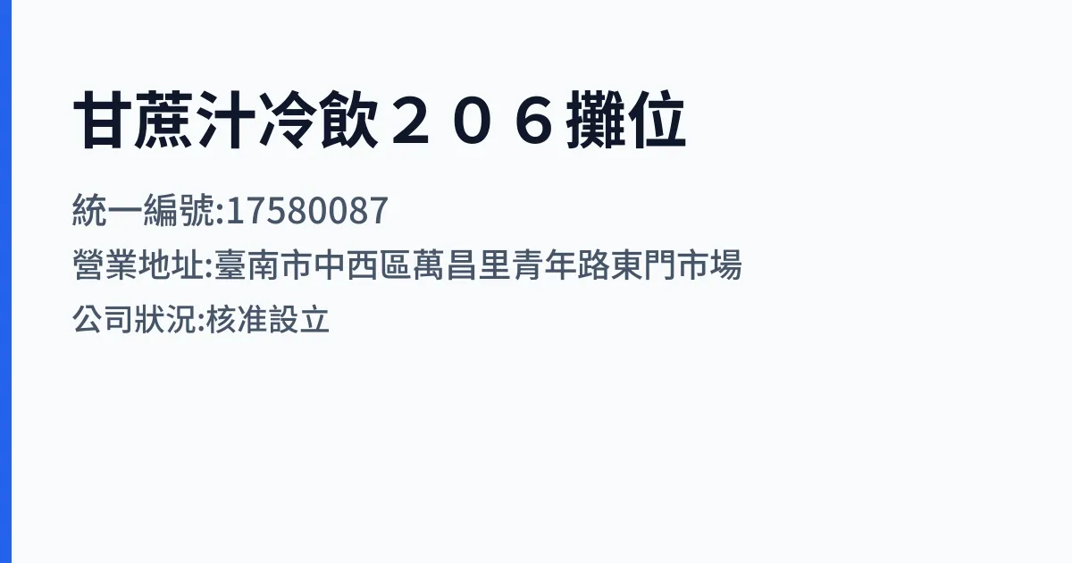甘蔗汁冷飲２０６攤位 - 統編 17580087(臺南市) 公司登記資料與營業項目詳細圖表