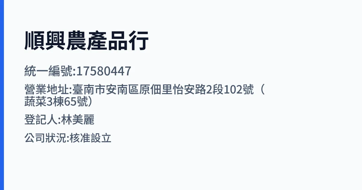 順興農產品行 - 統編 17580447(臺南市) 公司登記資料與營業項目詳細圖表