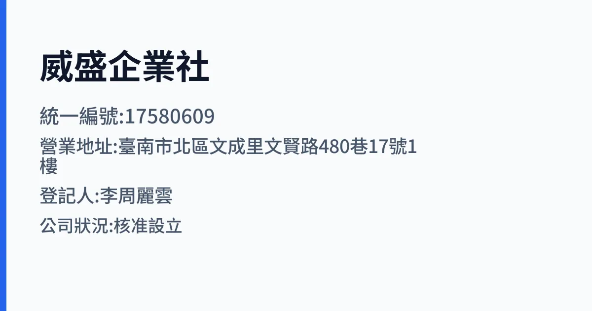 威盛企業社 - 統編 17580609(臺南市) 公司登記資料與營業項目詳細圖表