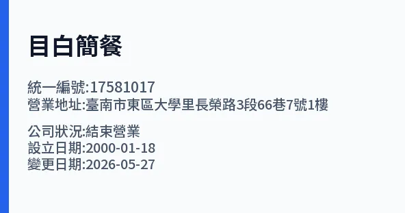 目白簡餐的照片-統編 17581017(臺南市) 公司登記資料與營業項目詳細圖表