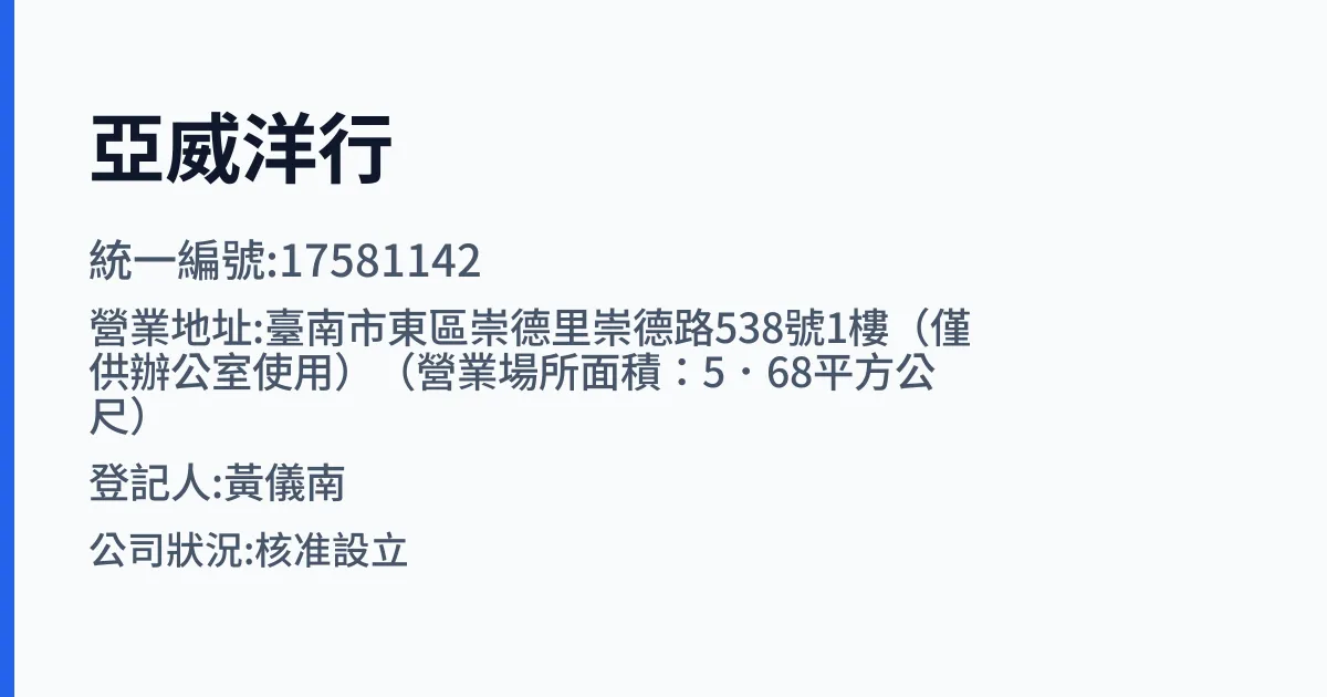 亞威洋行 - 統編 17581142(臺南市) 公司登記資料與營業項目詳細圖表