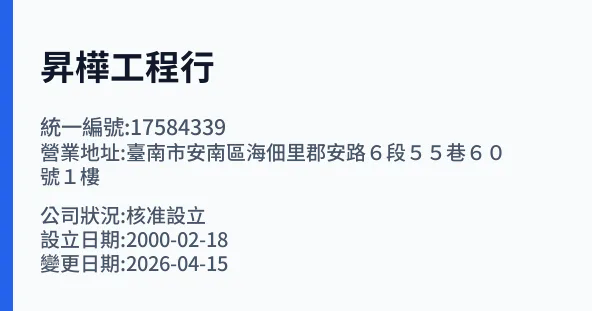 昇樺工程行的照片-統編 17584339(臺南市) 公司登記資料與營業項目詳細圖表