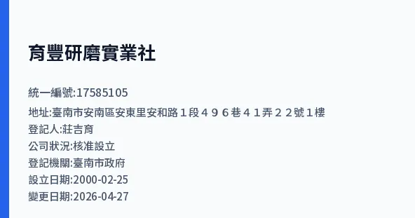 育豐研磨實業社的照片-統編 17585105(臺南市) 公司登記資料與營業項目詳細圖表