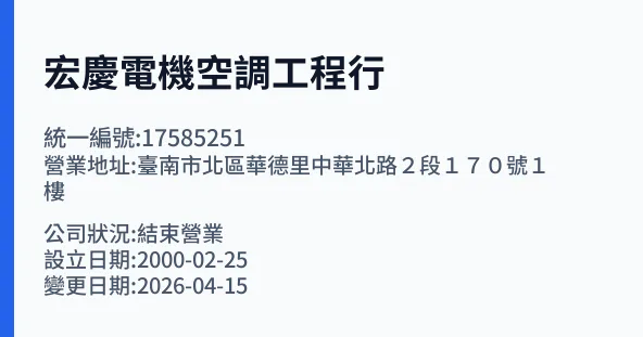 宏慶電機空調工程行的照片-統編 17585251(臺南市) 公司登記資料與營業項目詳細圖表