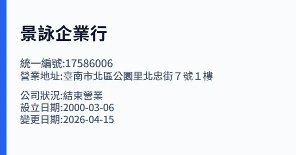 景詠企業行的照片-統編 17586006(臺南市) 公司登記資料與營業項目詳細圖表