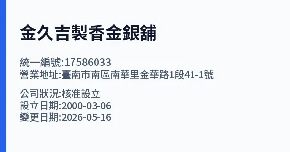 金久吉製香金銀舖的照片-統編 17586033(臺南市) 公司登記資料與營業項目詳細圖表