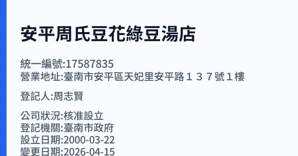 安平周氏豆花綠豆湯店的照片-統編 17587835(臺南市) 公司登記資料與營業項目詳細圖表