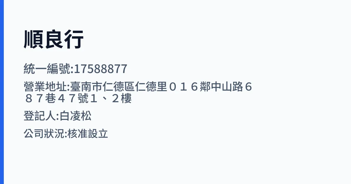 順良行 - 統編 17588877(臺南市) 公司登記資料與營業項目詳細圖表
