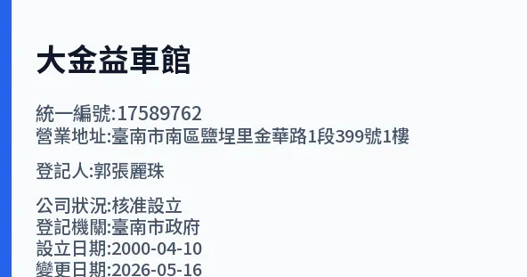 大金益車館的照片-統編 17589762(臺南市) 公司登記資料與營業項目詳細圖表
