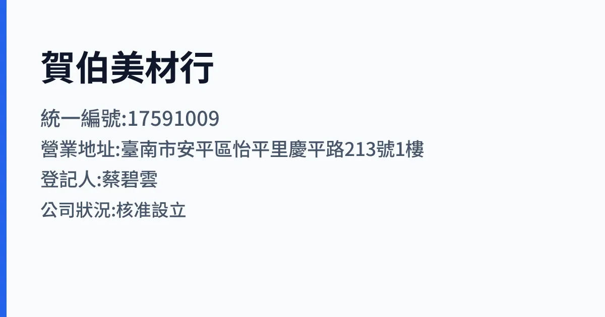 賀伯美材行 - 統編 17591009(臺南市) 公司登記資料與營業項目詳細圖表