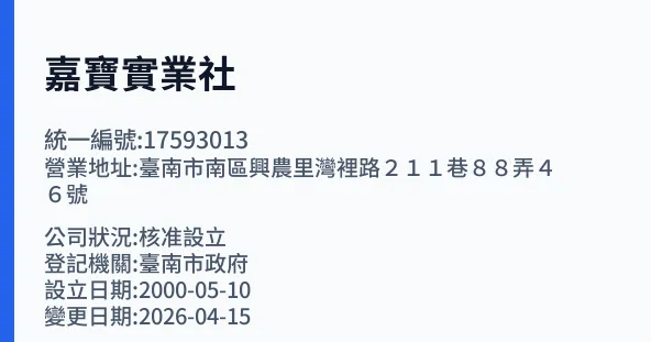 嘉寶實業社的照片-統編 17593013(臺南市) 公司登記資料與營業項目詳細圖表
