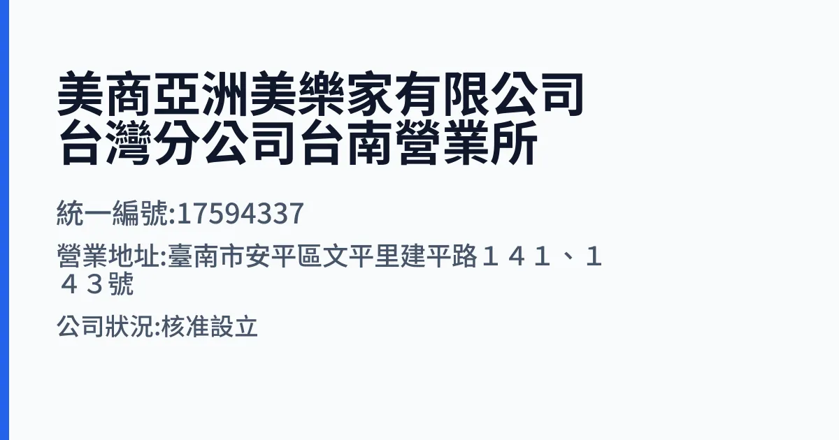 美商亞洲美樂家有限公司台灣分公司台南營業所 - 統編 17594337(臺南市) 公司登記資料與營業項目詳細圖表