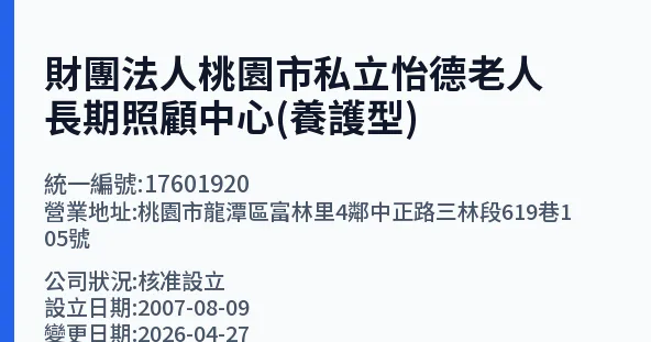 財團法人桃園市私立怡德老人長期照顧中心(養護型)的照片-統編 17601920(桃園市) 公司登記資料與營業項目詳細圖表