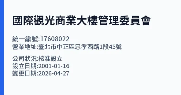 國際觀光商業大樓管理委員會的照片-統編 17608022(臺北市) 公司登記資料與營業項目詳細圖表