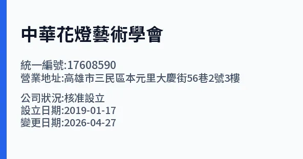 中華花燈藝術學會的照片-統編 17608590(高雄市) 公司登記資料與營業項目詳細圖表