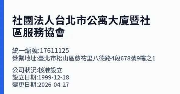 社團法人台北市公寓大廈暨社區服務協會的照片-統編 17611125(臺北市) 公司登記資料與營業項目詳細圖表