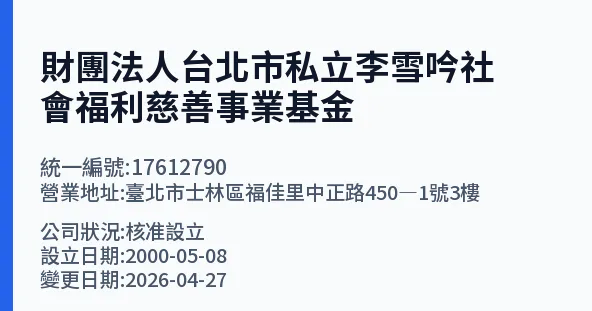 財團法人台北市私立李雪吟社會福利慈善事業基金的照片-統編 17612790(臺北市) 公司登記資料與營業項目詳細圖表