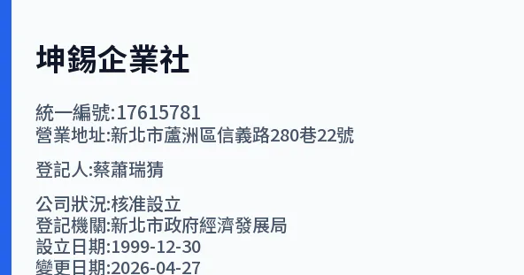 坤錫企業社的照片-統編 17615781(新北市) 公司登記資料與營業項目詳細圖表