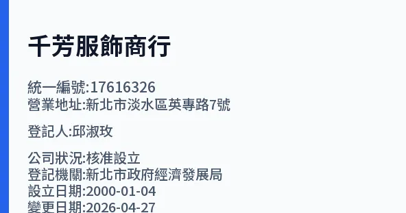 千芳服飾商行的照片-統編 17616326(新北市) 公司登記資料與營業項目詳細圖表