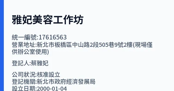 雅妃美容工作坊的照片-統編 17616563(新北市) 公司登記資料與營業項目詳細圖表