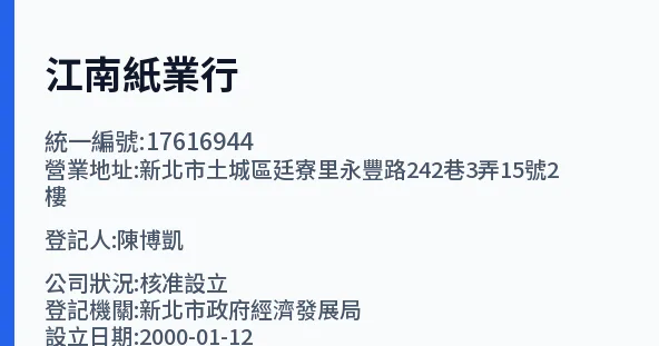 江南紙業行的照片-統編 17616944(新北市) 公司登記資料與營業項目詳細圖表