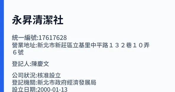 永昇清潔社的照片-統編 17617628(新北市) 公司登記資料與營業項目詳細圖表