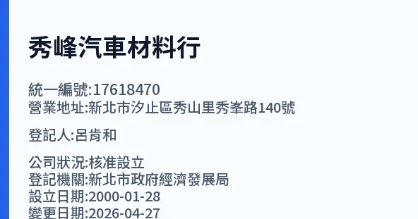 秀峰汽車材料行的照片-統編 17618470(新北市) 公司登記資料與營業項目詳細圖表