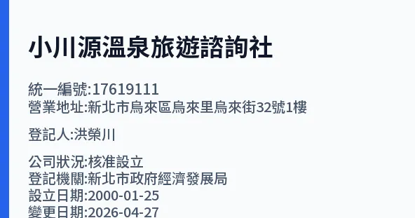 小川源溫泉旅遊諮詢社的照片-統編 17619111(新北市) 公司登記資料與營業項目詳細圖表