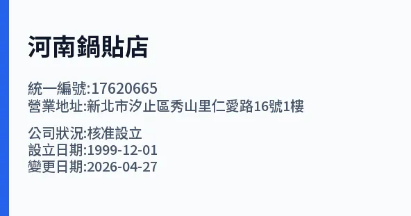 河南鍋貼店的照片-統編 17620665(新北市) 公司登記資料與營業項目詳細圖表