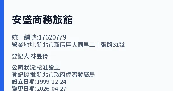 安盛商務旅館的照片-統編 17620779(新北市) 公司登記資料與營業項目詳細圖表