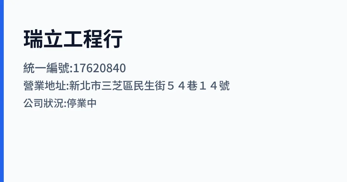 瑞立工程行 - 統編 17620840(新北市) 公司登記資料與營業項目詳細圖表
