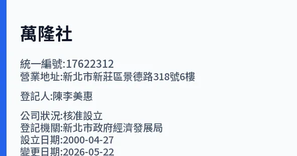 萬隆社的照片-統編 17622312(新北市) 公司登記資料與營業項目詳細圖表
