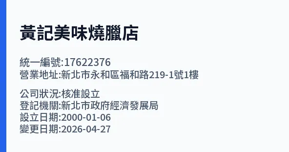 黃記美味燒臘店的照片-統編 17622376(新北市) 公司登記資料與營業項目詳細圖表