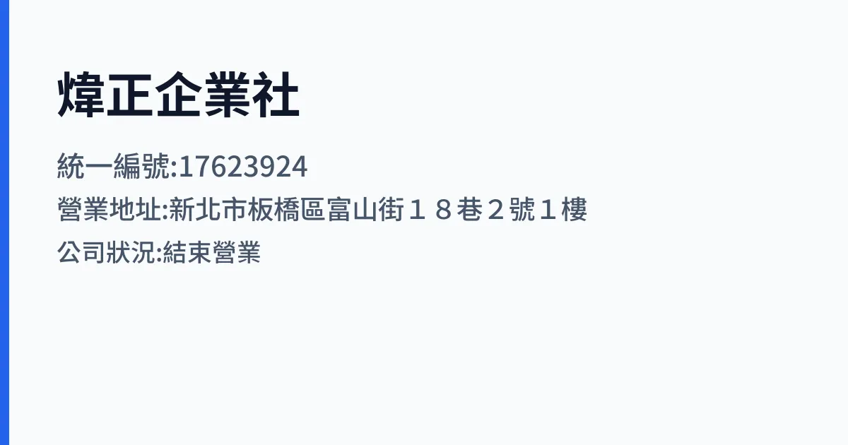 煒正企業社 - 統編 17623924(新北市) 公司登記資料與營業項目詳細圖表