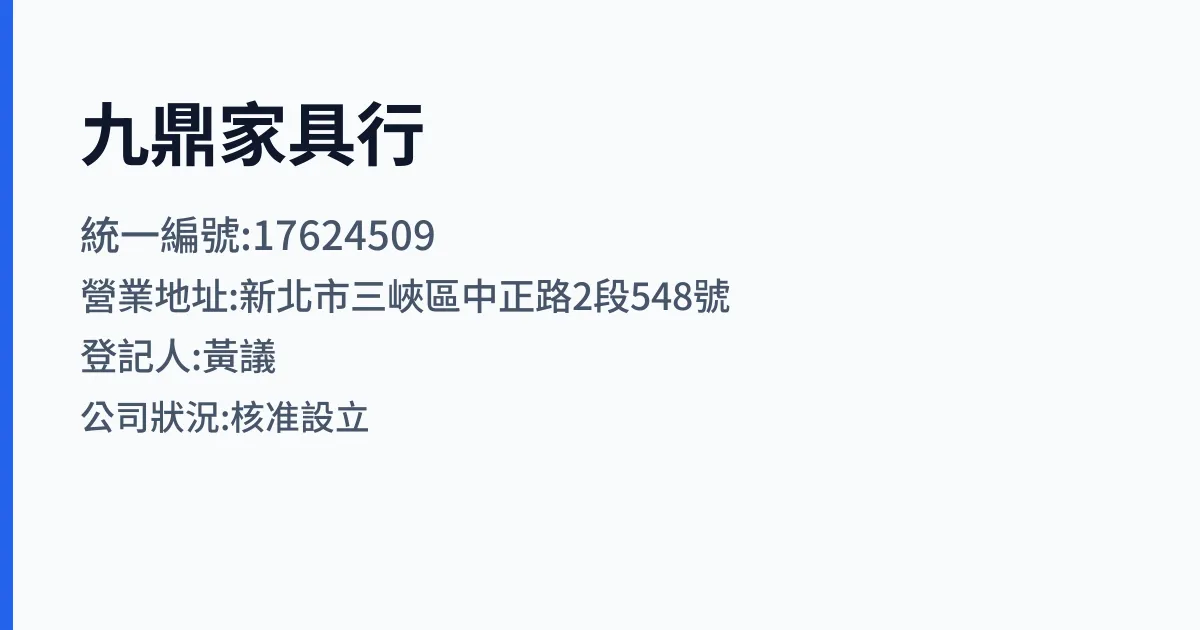 九鼎家具行 - 統編 17624509(新北市) 公司登記資料與營業項目詳細圖表