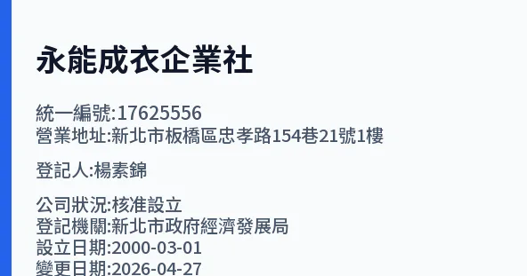 永能成衣企業社的照片-統編 17625556(新北市) 公司登記資料與營業項目詳細圖表